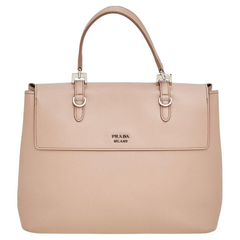 Prada Beige Saffiano Cuir Leather Double Turn Lock Top Handle Bag at ...