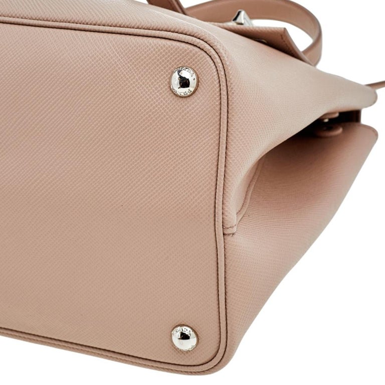 Prada Beige Saffiano Cuir Leather Double Turn Lock Top Handle Bag at ...