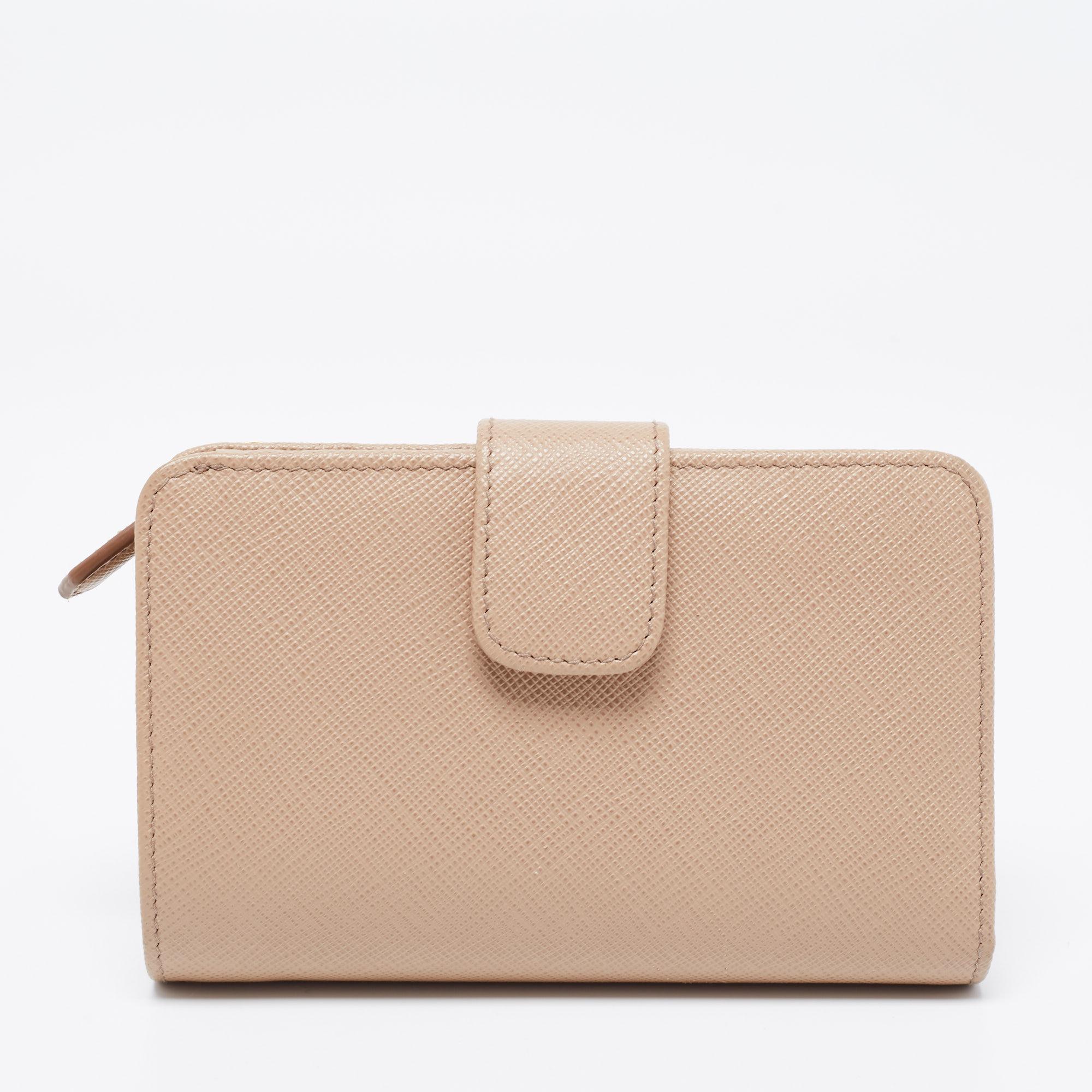 Prada Beige Saffiano Metal Leather French Compact Wallet at 1stDibs