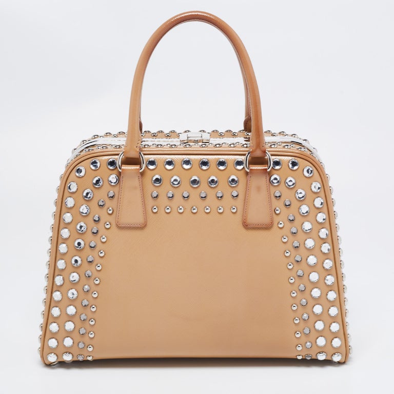 Prada Beige Saffiano Patent Leather Studded Pyramid Frame Satchel For ...
