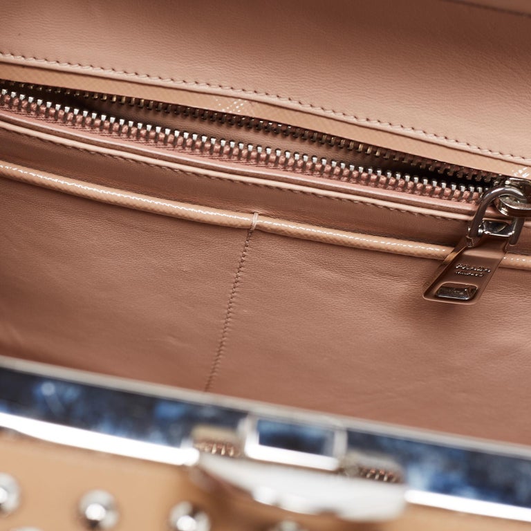 Prada Beige Saffiano Patent Leather Studded Pyramid Frame Satchel For ...