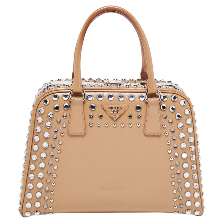 Prada Beige Saffiano Patent Leather Studded Pyramid Frame Satchel For ...