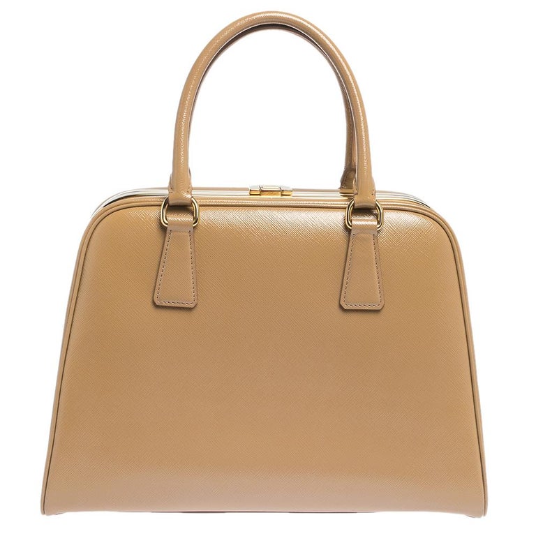 Prada Beige Saffiano Venice Leather Pyramid Frame Top Handle Bag For ...