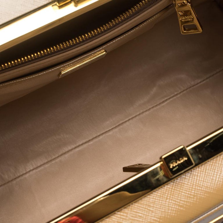 Prada Beige Saffiano Venice Leather Pyramid Frame Top Handle Bag For ...