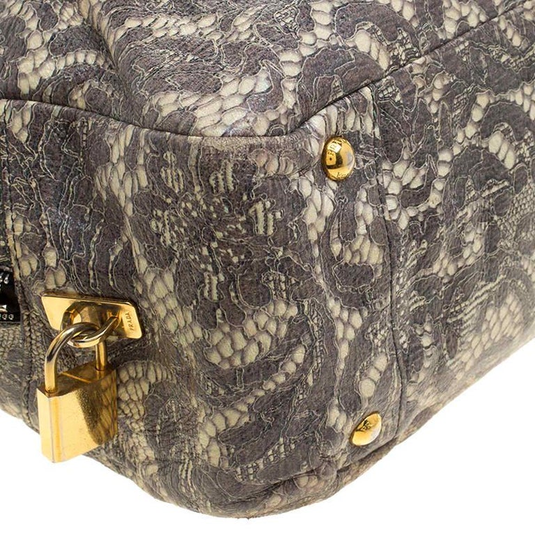 Prada Beige Talco Lace Print Cervo Leather Bowling Bag at 1stDibs