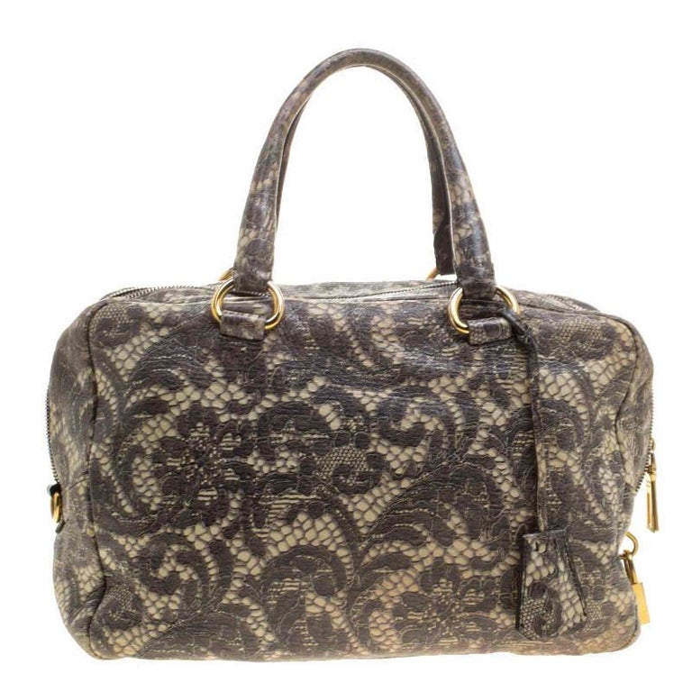 Prada Beige Talco Lace Print Cervo Leather Bowling Bag at 1stDibs