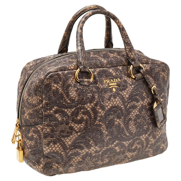 Prada Beige Talco Lace Print Cervo Leather Bowling Bag at 1stDibs