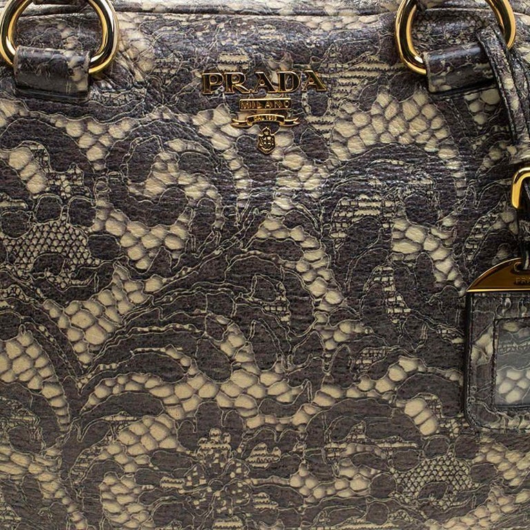 Prada Beige Talco Lace Print Cervo Leather Bowling Bag at 1stDibs