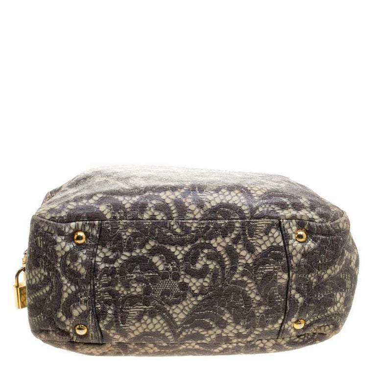 Prada Beige Talco Lace Print Cervo Leather Bowling Bag For Sale at 1stDibs