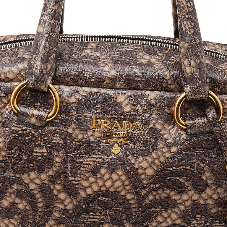 Prada Beige Talco Lace Print Cervo Leather Bowling Bag at 1stDibs