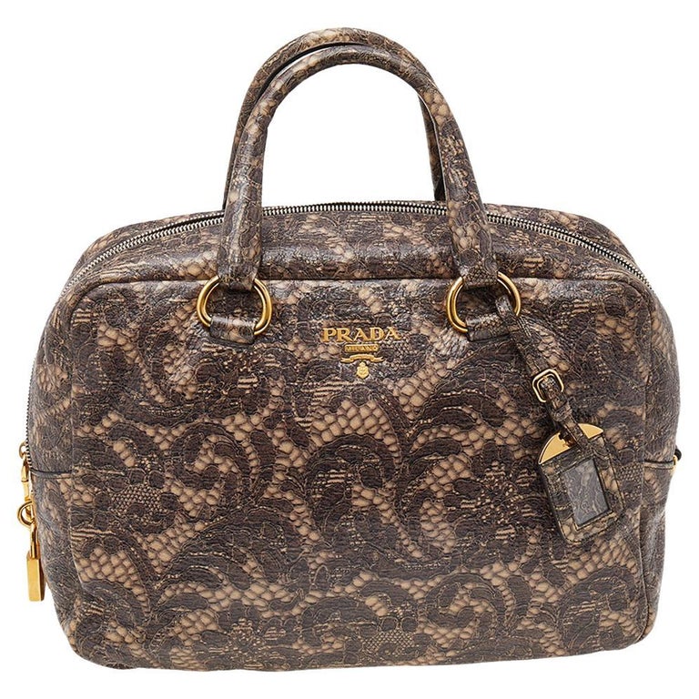 Prada Beige Talco Lace Print Cervo Leather Bowling Bag at 1stDibs