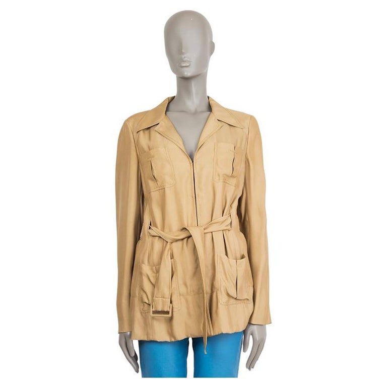 PRADA beige viscose and silk BELTED SAFARI Jacket 46 XL For Sale at 1stDibs
