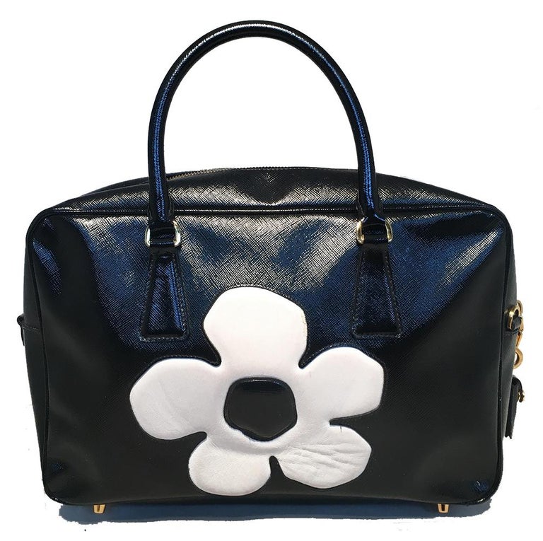 Prada Black and White Patent Saffiano Galleria Flower Bag at 1stDibs ...