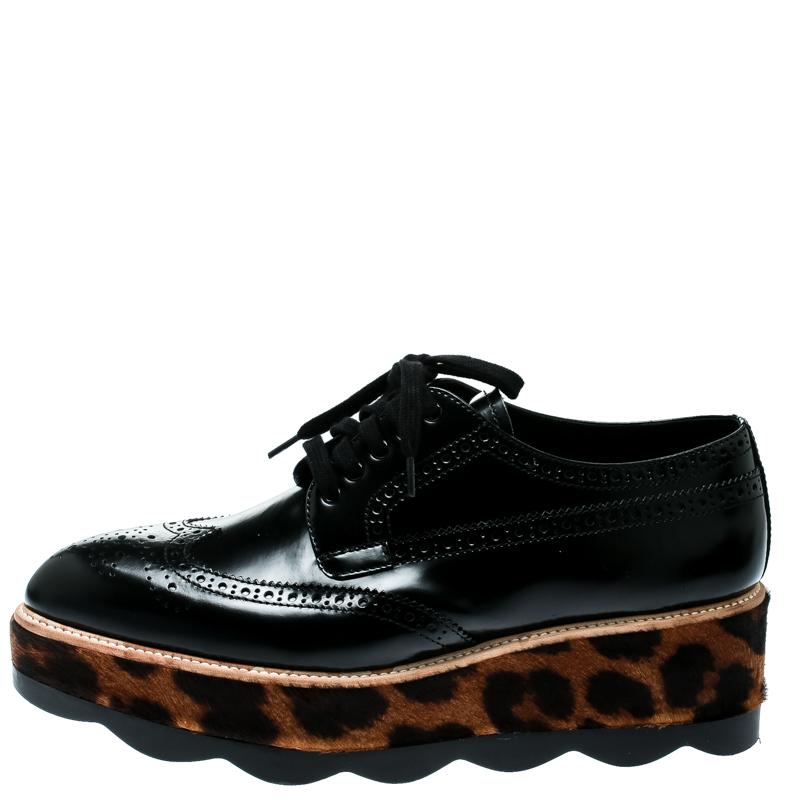 Prada Black Brogue Leather And Leopard Print Calf Hair Platform Derby ...