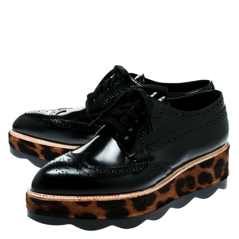 Prada Black Brogue Leather And Leopard Print Calf Hair Platform Derby ...