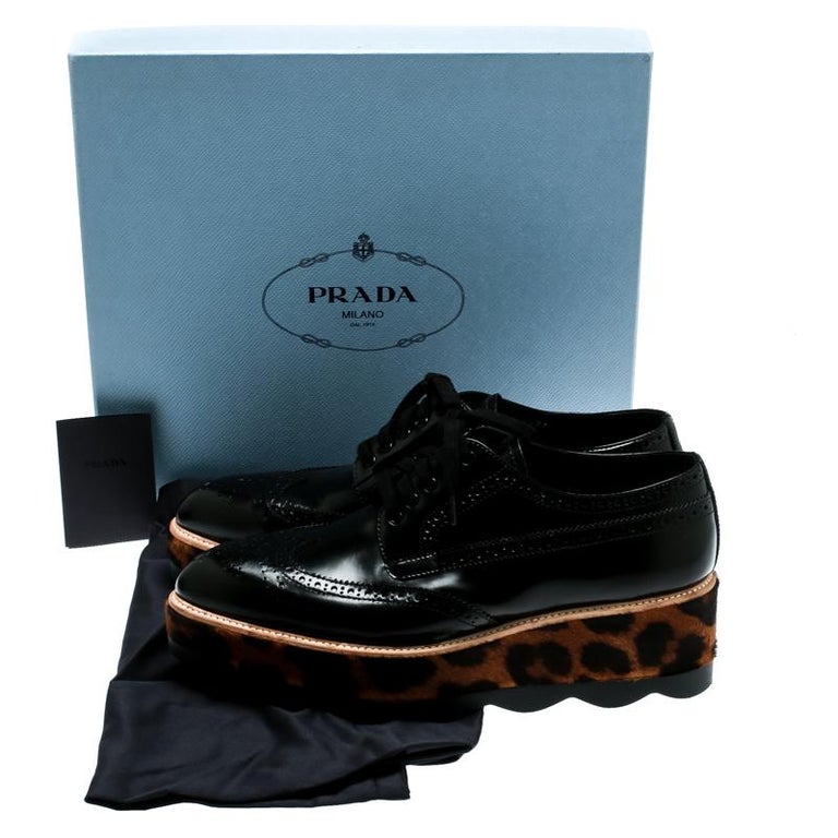 Prada Black Brogue Leather And Leopard Print Calf Hair Platform Derby ...