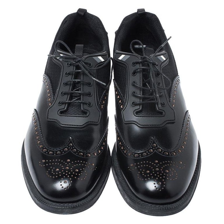 Prada Black Brogue Leather and Mesh Lace Up Derby Sneakers Size 44 at ...
