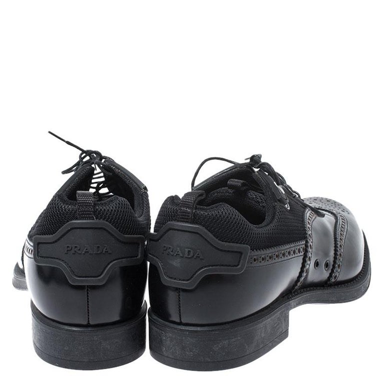 Prada Black Brogue Leather and Mesh Lace Up Derby Sneakers Size 44 at ...
