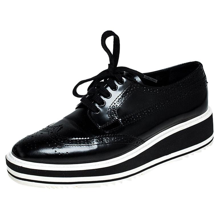 Prada Black Brogue Leather Wingtip Platform Sneakers Size 37.5 at 1stDibs