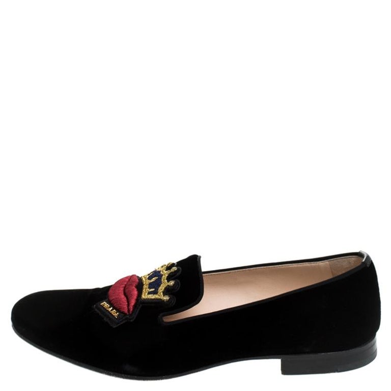 Prada Black Crown Lip Embroidered Velvet Loafers Size 38.5 For Sale at ...