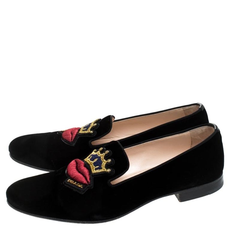 Prada Black Crown Lip Embroidered Velvet Loafers Size 38.5 For Sale at ...