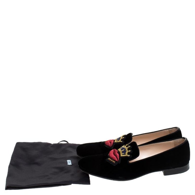 Prada Black Crown Lip Embroidered Velvet Loafers Size 38.5 For Sale at ...