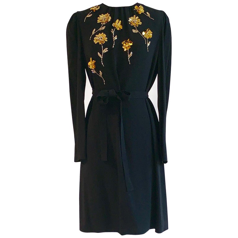 Prada Black Dress with Gold Floral Beadwork Long Sleeve Shift with Tie ...