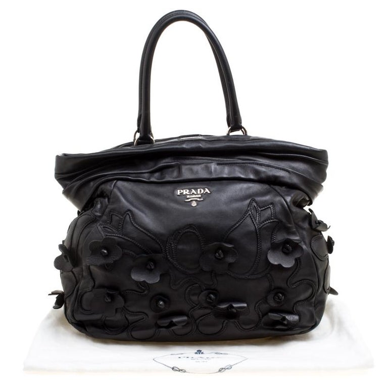 Prada Black Floral Embellished Leather Tote For Sale at 1stDibs
