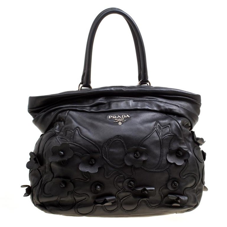 Prada Black Floral Embellished Leather Tote For Sale at 1stDibs