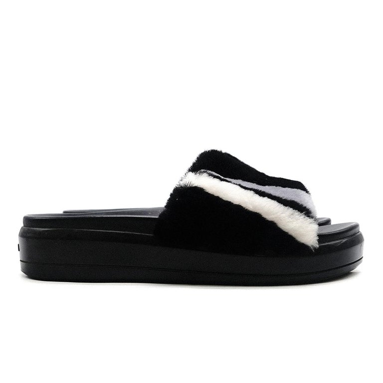 Prada Black Fur Platform Slide Sandals US 9 at 1stDibs