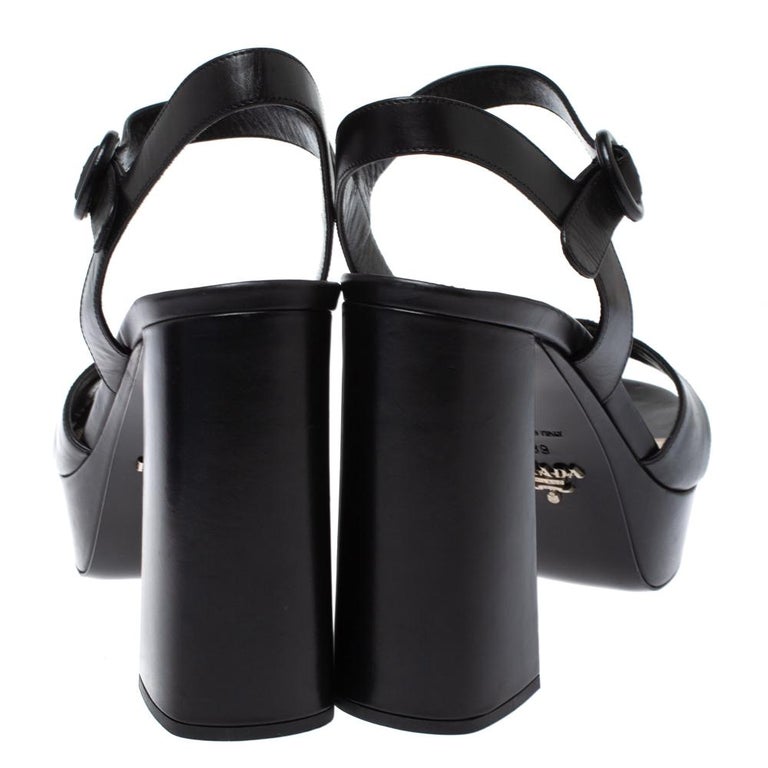 Prada Black Leather Block Heel Ankle Strap Platform Sandals Size 39 at ...