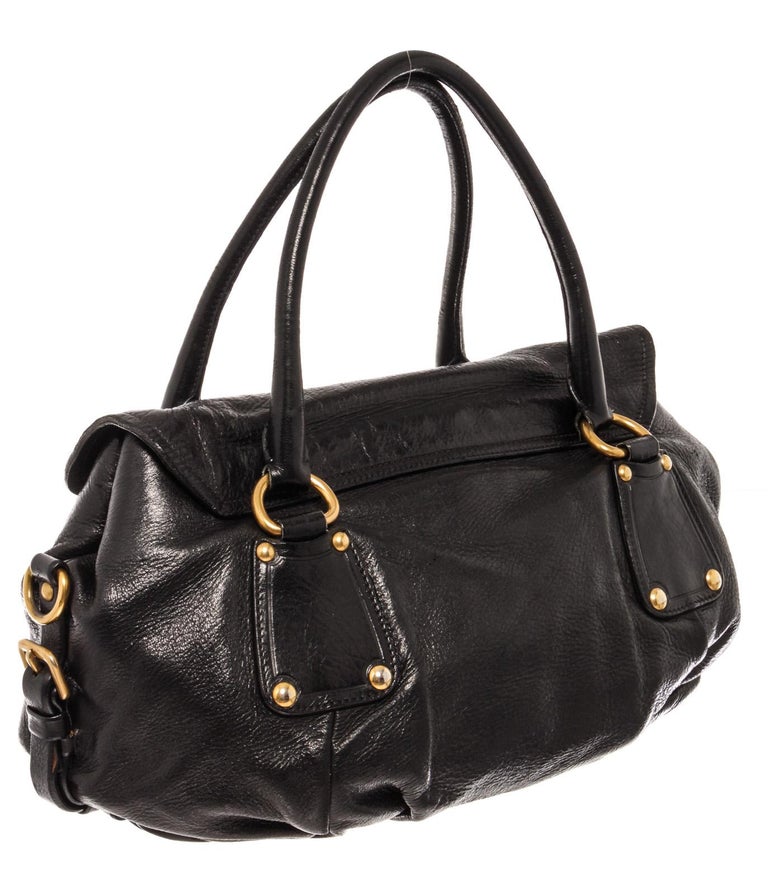 Prada Black Leather Gold-tone Push Lock 2Way Bag at 1stDibs
