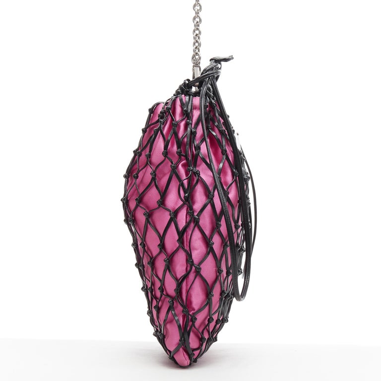 PRADA black leather net woven pink satin triangle logo drawstring ...