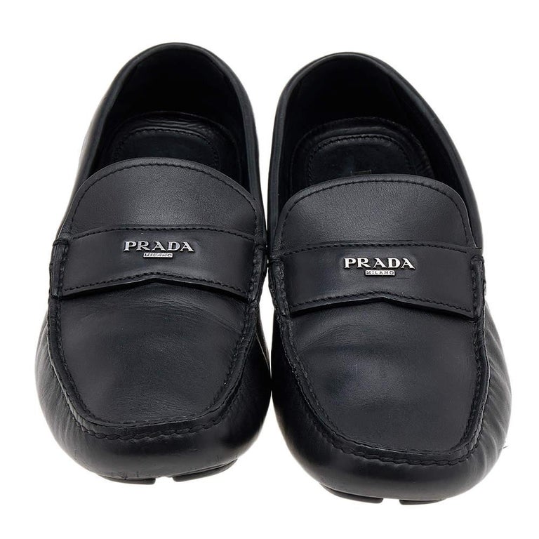 Prada Black Leather Slip On Loafers Size 42 For Sale at 1stDibs