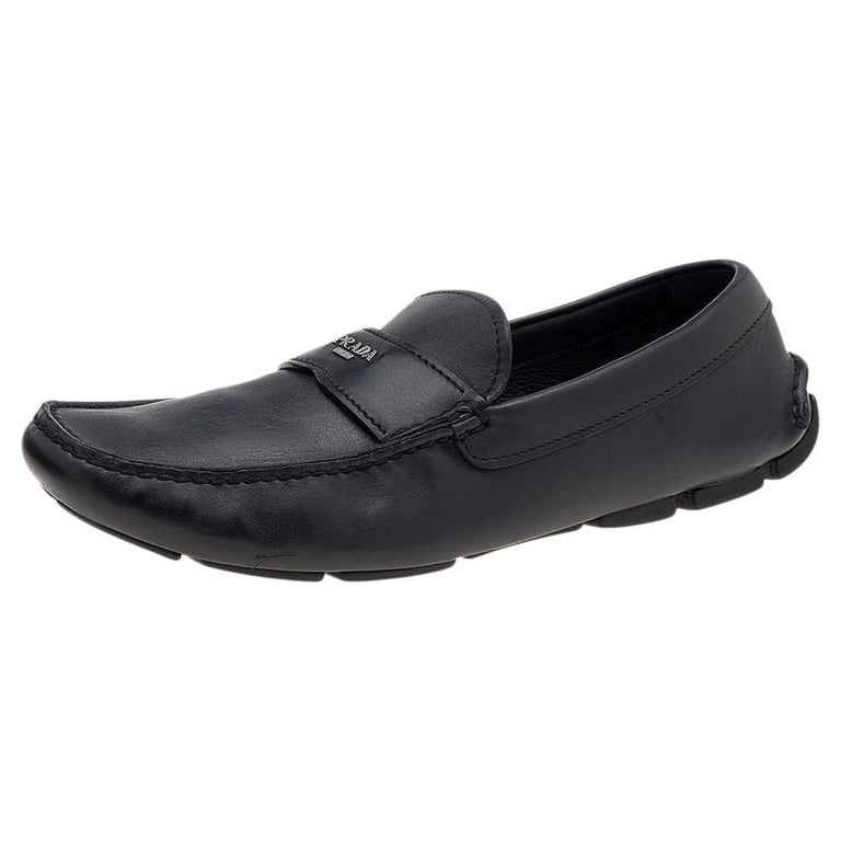 Prada Black Leather Slip On Loafers Size 42 For Sale at 1stDibs