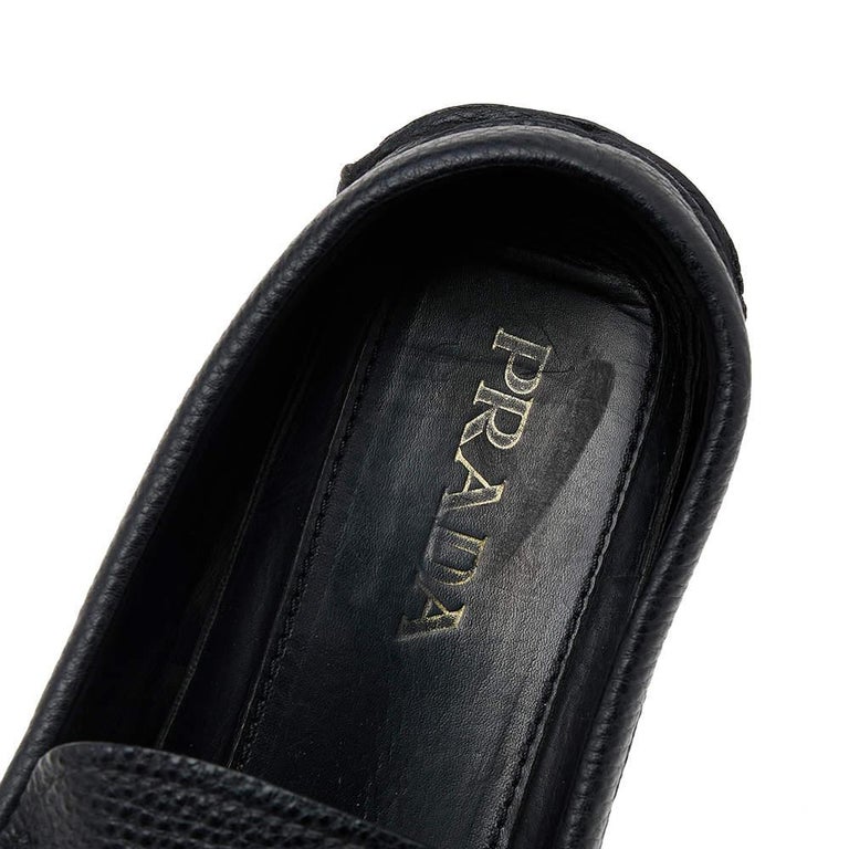 Prada Black Leather Slip On Loafers Size 42.5 For Sale at 1stDibs