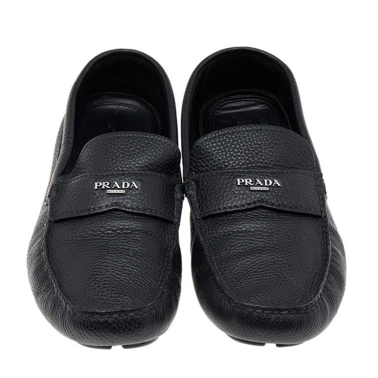 Prada Black Leather Slip On Loafers Size 42.5 For Sale at 1stDibs