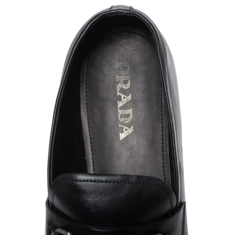 Prada Black Leather Slip On Loafers Size 44 For Sale at 1stDibs