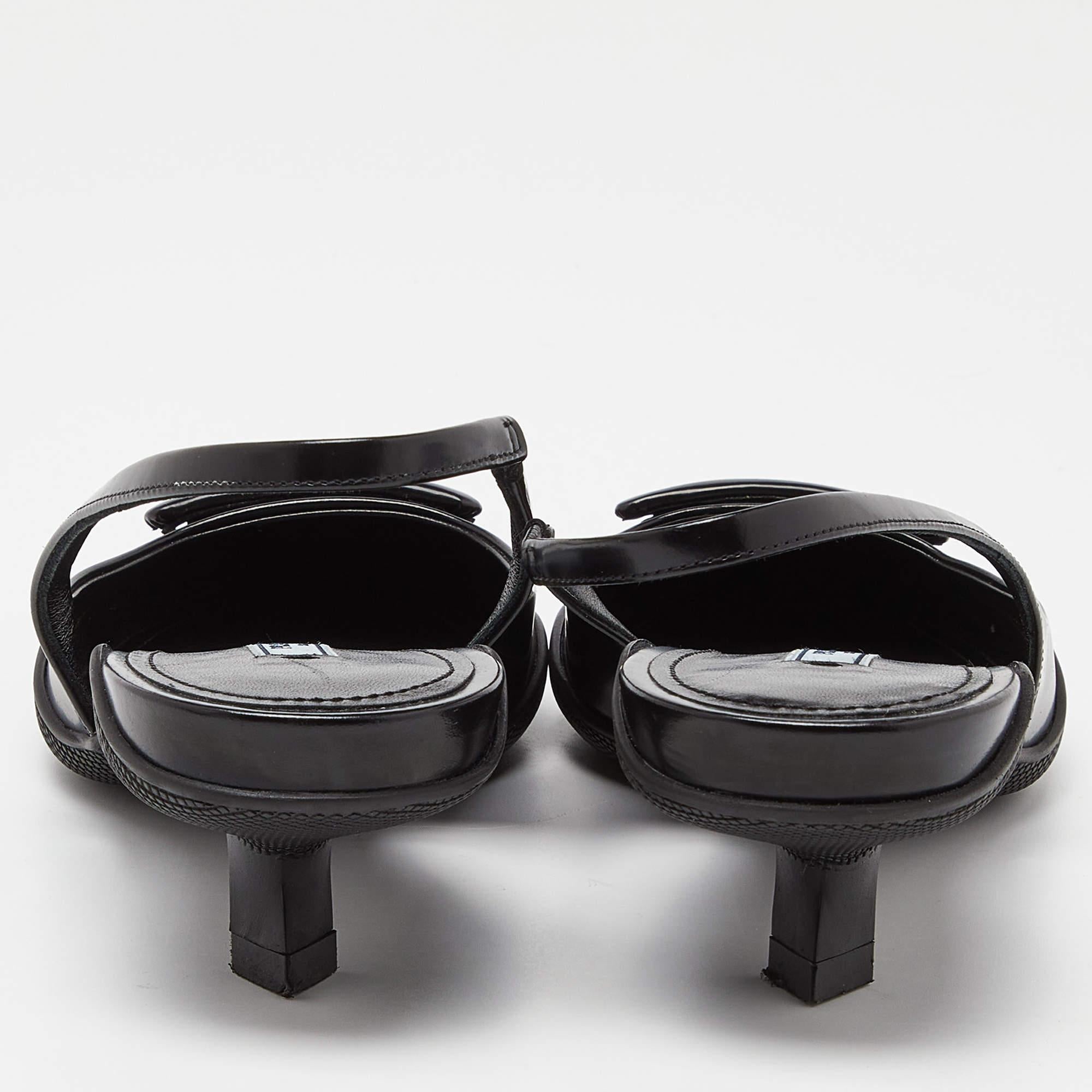 Prada Black Leather Triangle Logo Kitten Heel Slingback Sandals Size 37 ...