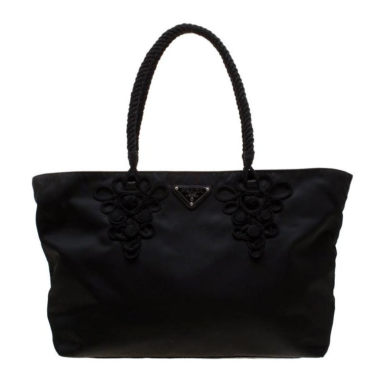 Prada Black Nylon Braided Handle Tote For Sale at 1stDibs
