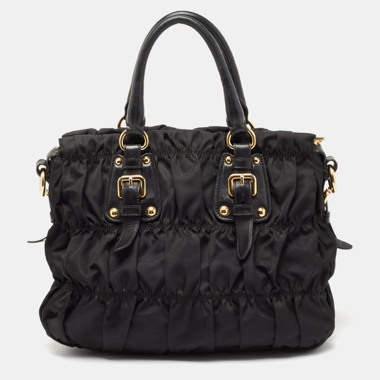 Prada Black Nylon Gaufre Ruched Medium Shopping Bag at 1stDibs