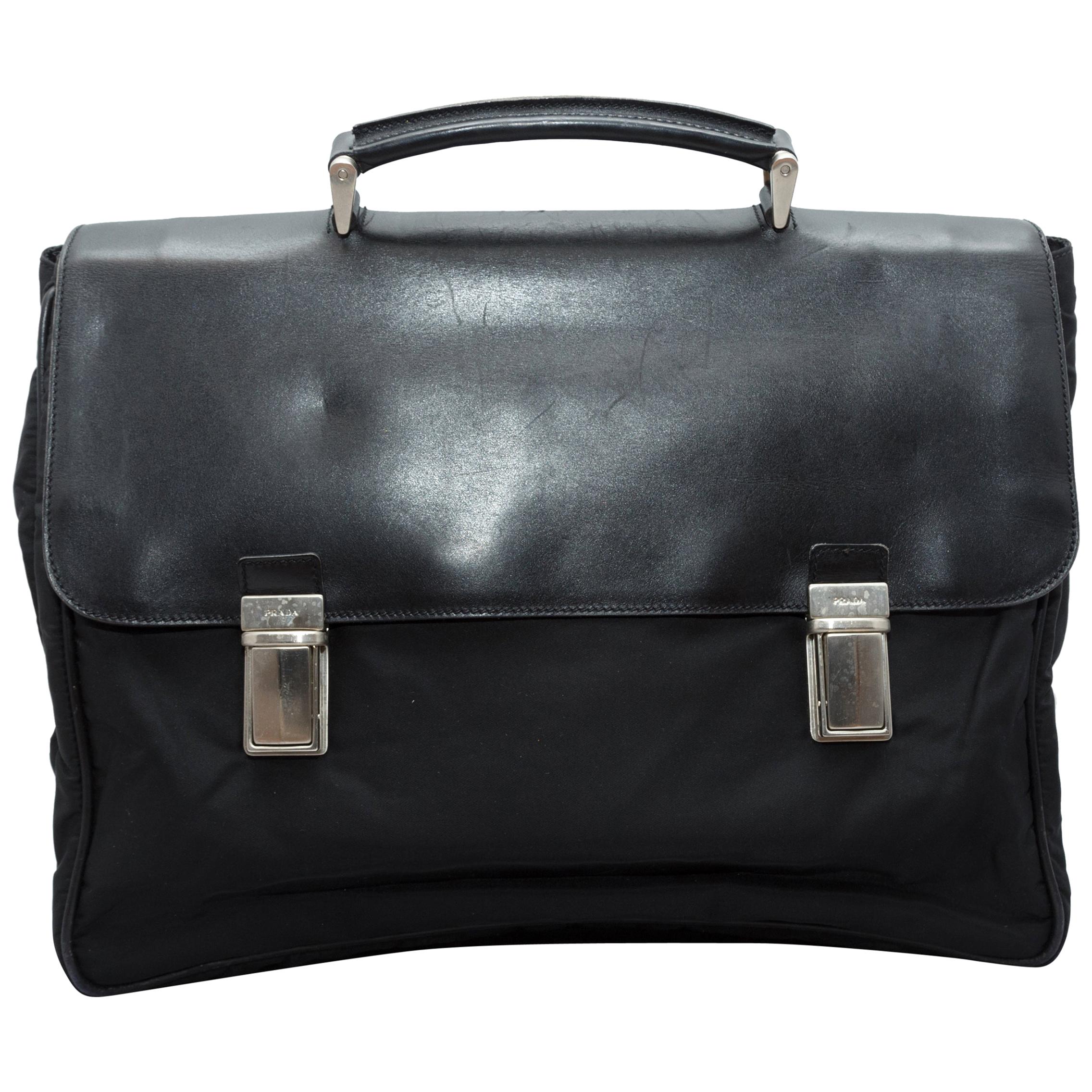 Prada Black Nylon and Saffiano Leather Briefcase For Sale at 1stDibs