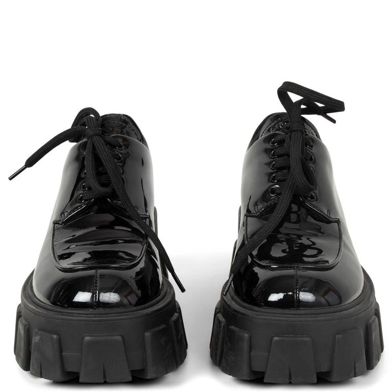 PRADA black patent leather 2019 MONOLITH CHUNKY DERBY Flats Shoes 36 ...