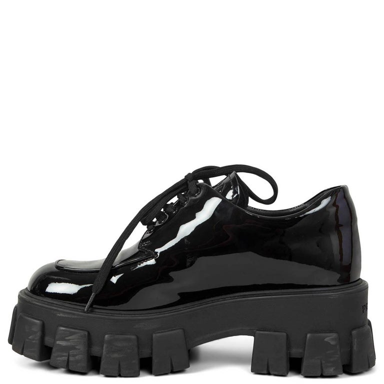 PRADA black patent leather 2019 MONOLITH CHUNKY DERBY Flats Shoes 36 ...