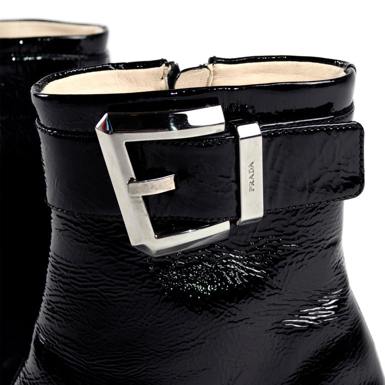 Prada Black Patent Leather Boots W Cone Heels and Silver Buckles in ...