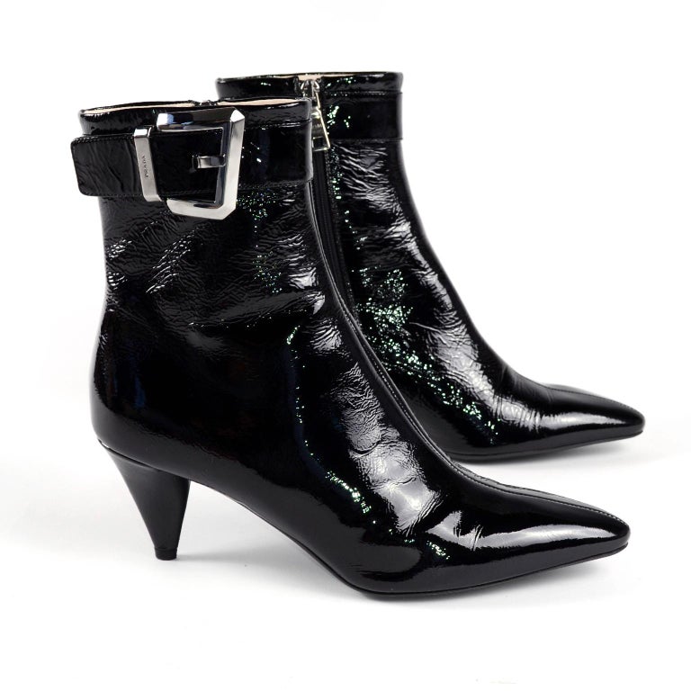 Prada Black Patent Leather Boots W Cone Heels and Silver Buckles in ...