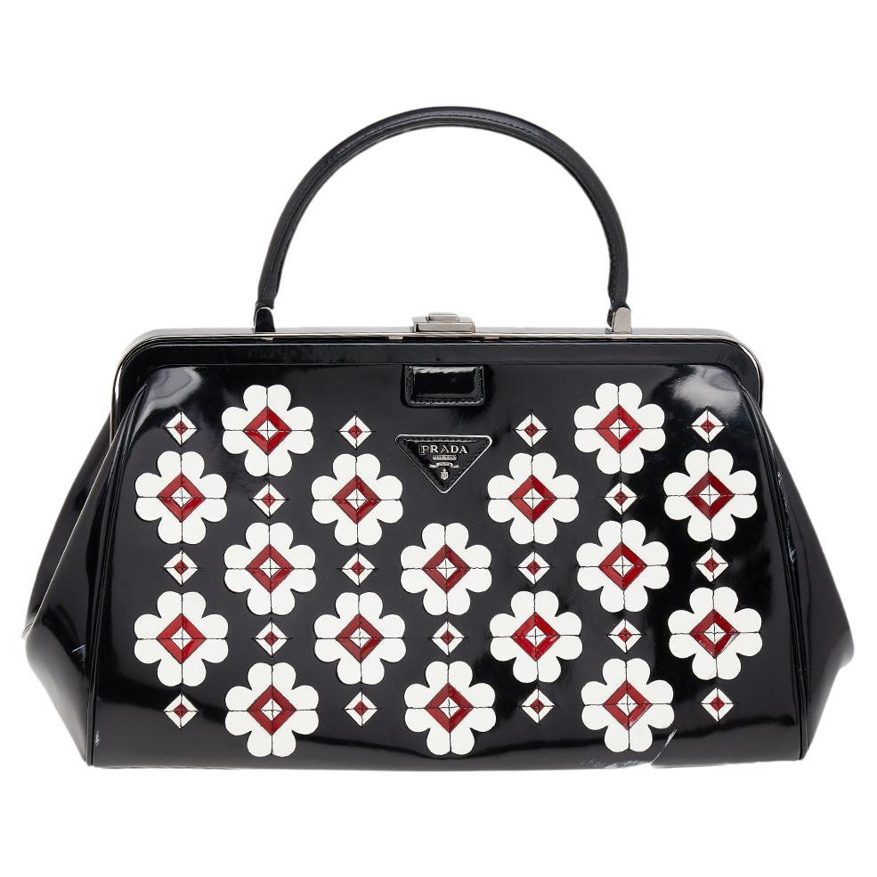 Prada Black Patent Leather Floral Hinge Top Handle Bag at 1stDibs