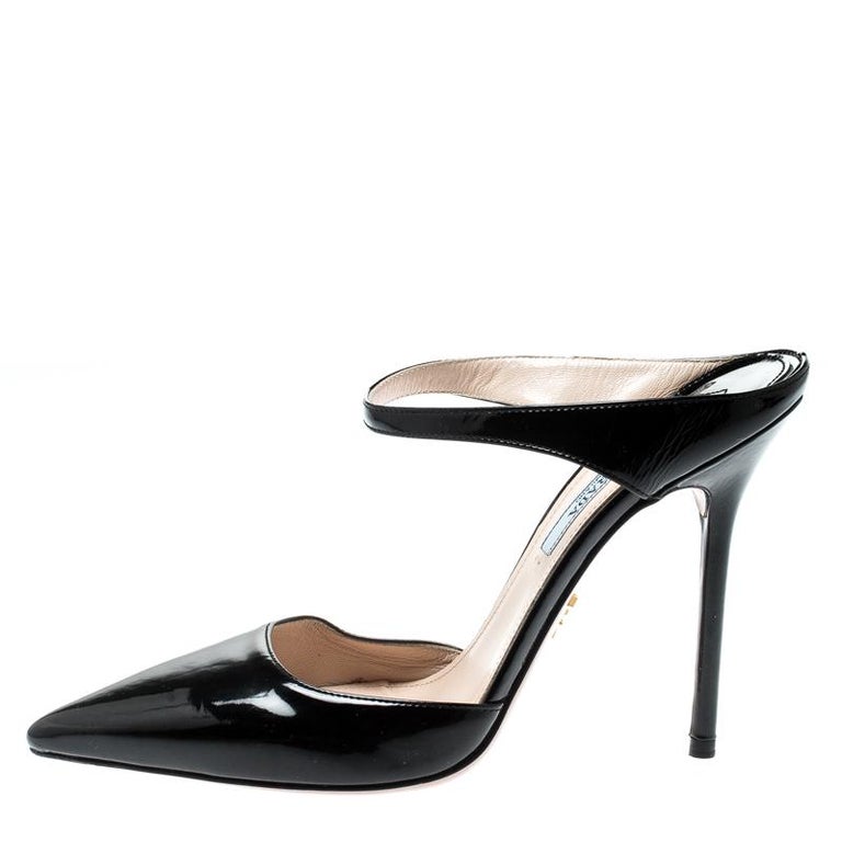 Prada Black Patent Leather Pointed Toe Slip On Mules Size 37.5 For Sale ...