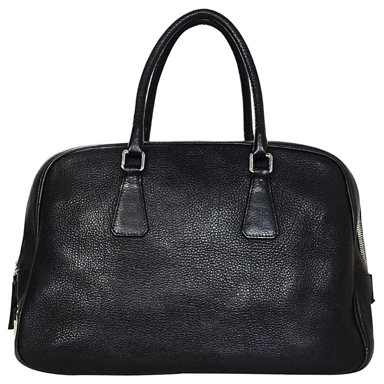 Prada Black Pebbled Leather Briefcase Bag W/ Lock For Sale at 1stDibs