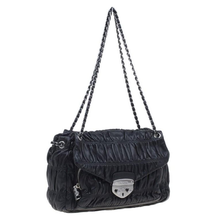 Prada Black Ruched Nappa Leather Chain Detail Shoulder Bag For Sale at ...